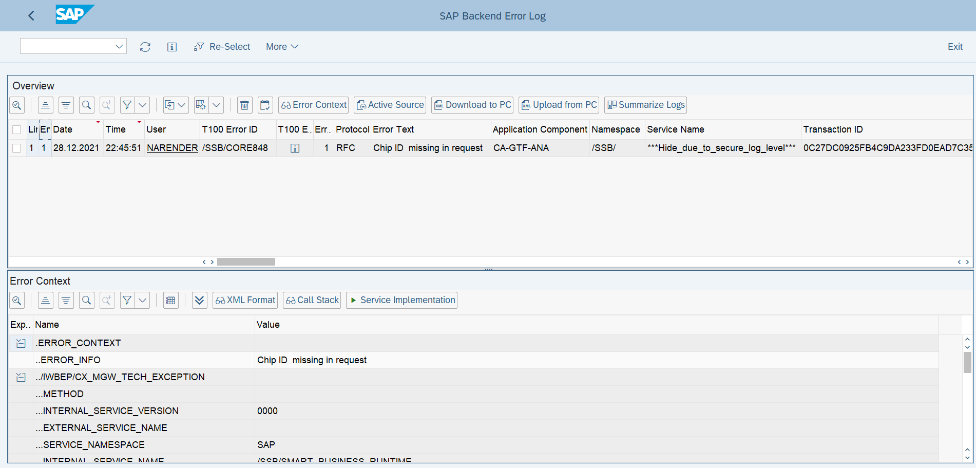 GW_ERROR_BEP - SAP Gateway Backend Error Log